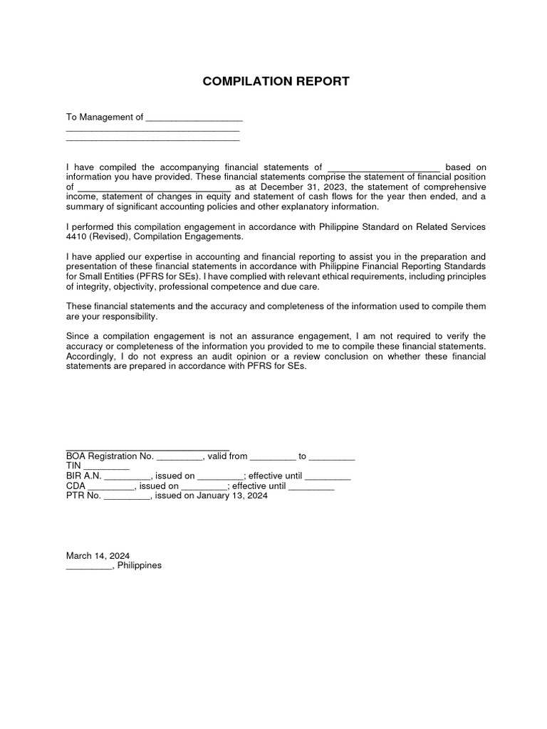Compilation Report For Small Entities | PDF | Finance & Money Management