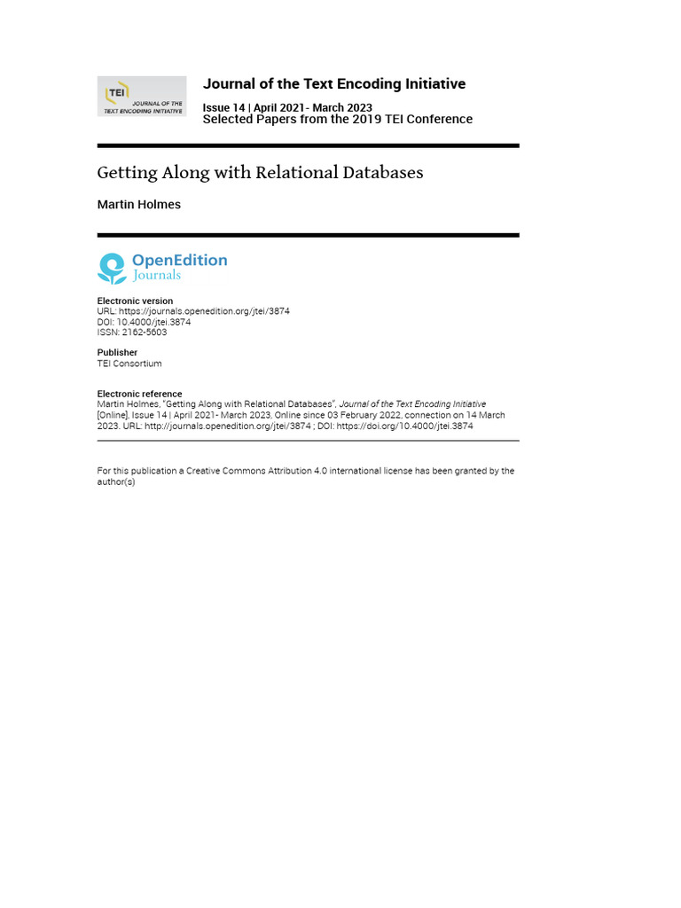 Getting Along With Relational Databases - TEI Initiative | PDF | Databases | Xml