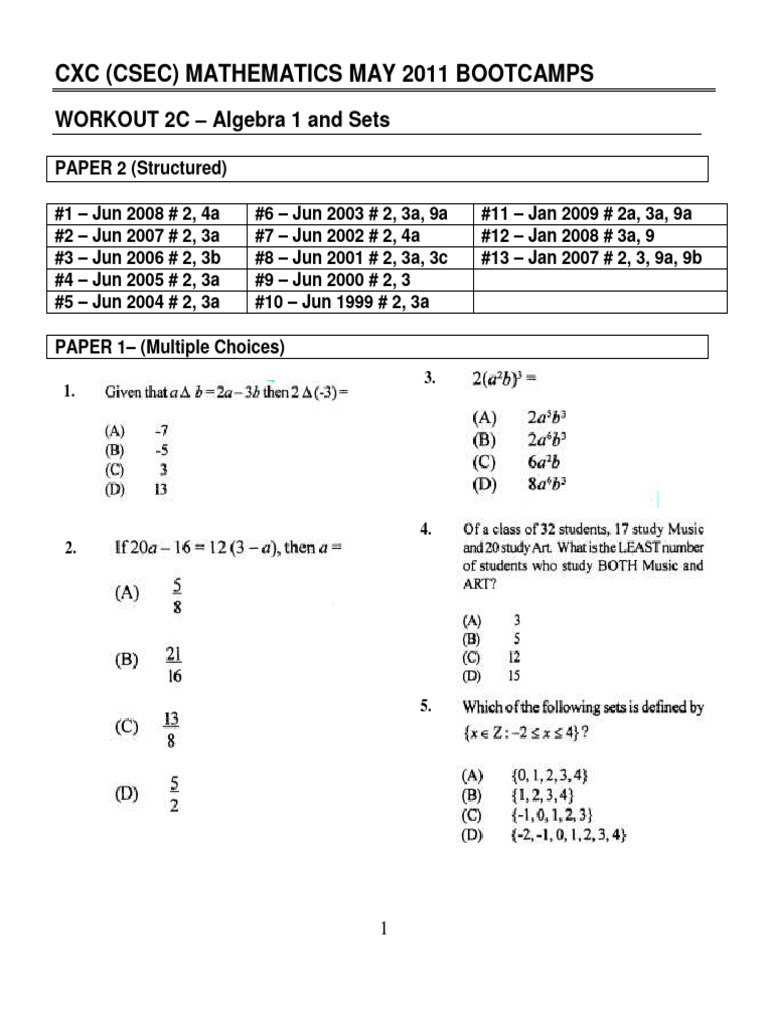 CSEC Math Bootcamp: Algebra & Sets | PDF | Mathematics | Abstract Algebra