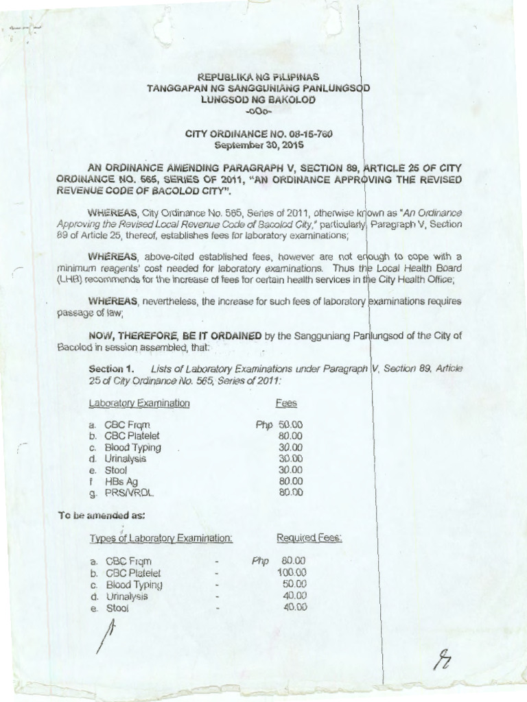 Bacolod City Ordinance on Lab Fees | PDF | Taxes | Fee