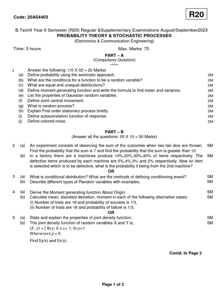 20A54403 Probability Theory & Stochastic Processes | PDF | Random Variable | Probability Theory