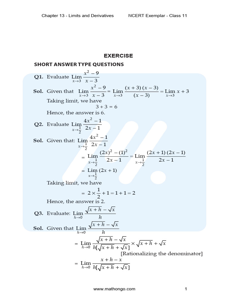 Ncert Exemplar Math Class 11 Chapter 13 Limits and Derivatives | PDF ...