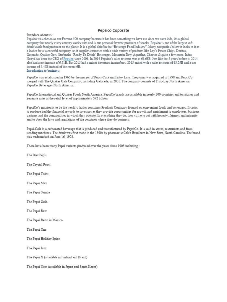 Pepsico Coporate - Note | PDF | Pepsi Co | Pepsi