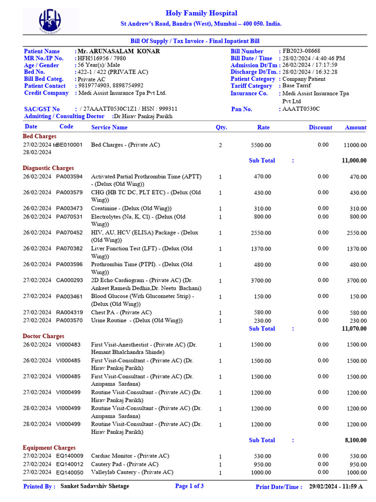 Final Bill-Details | PDF | Clinical Medicine | Medical Specialties