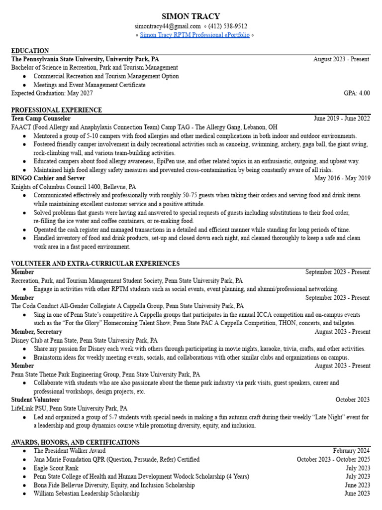 Simon Tracy Resume As of 4 4 2024 | PDF | Pennsylvania State University