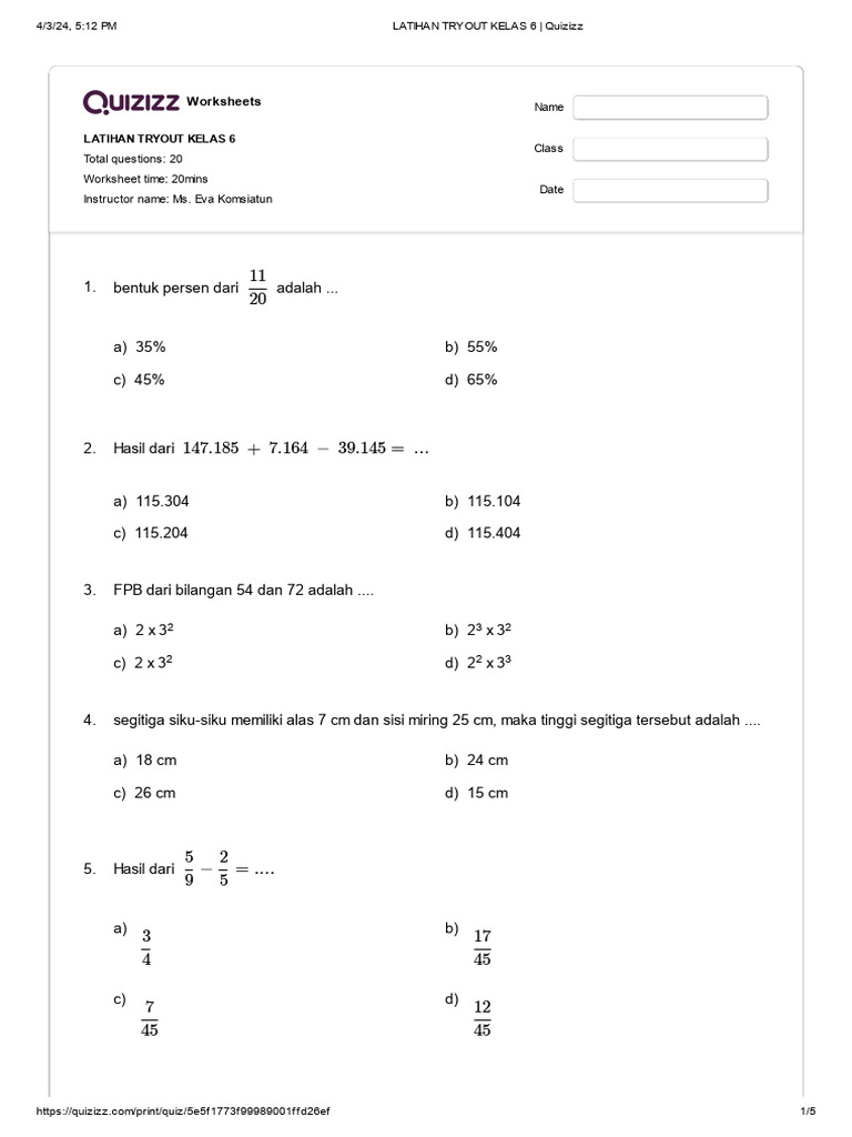 Latihan Tryout Kelas 6 | PDF