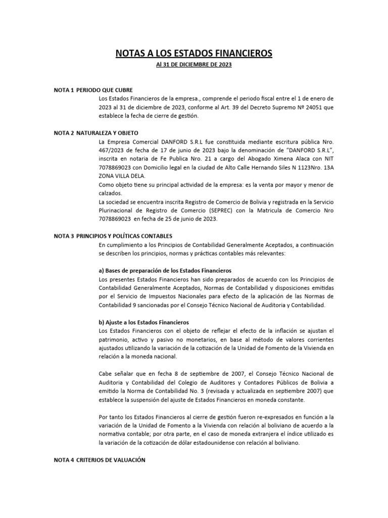Notas A Los Eeff 1 | PDF | Contabilidad | Estado financiero