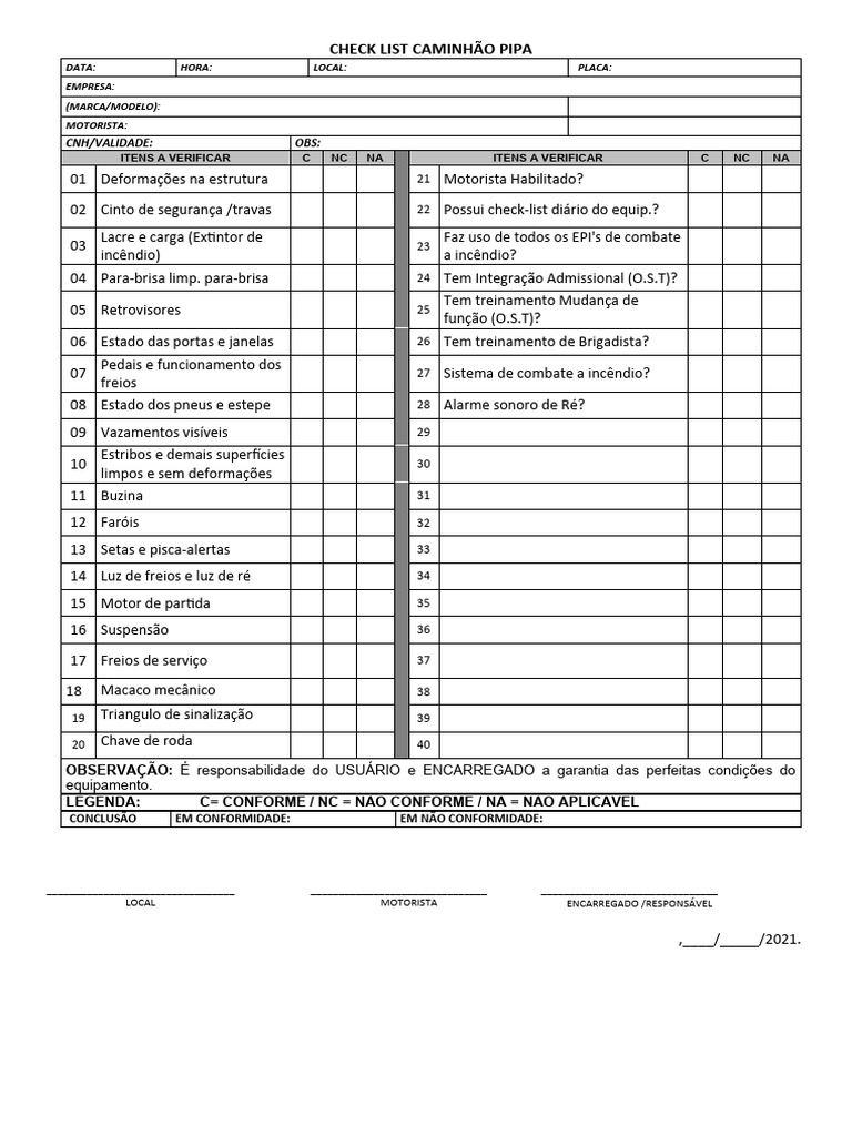 Check List Caminhao Pipa | PDF