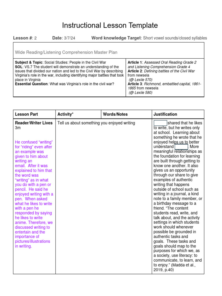Instructional Lesson Template | PDF | Phonics | Reading Comprehension