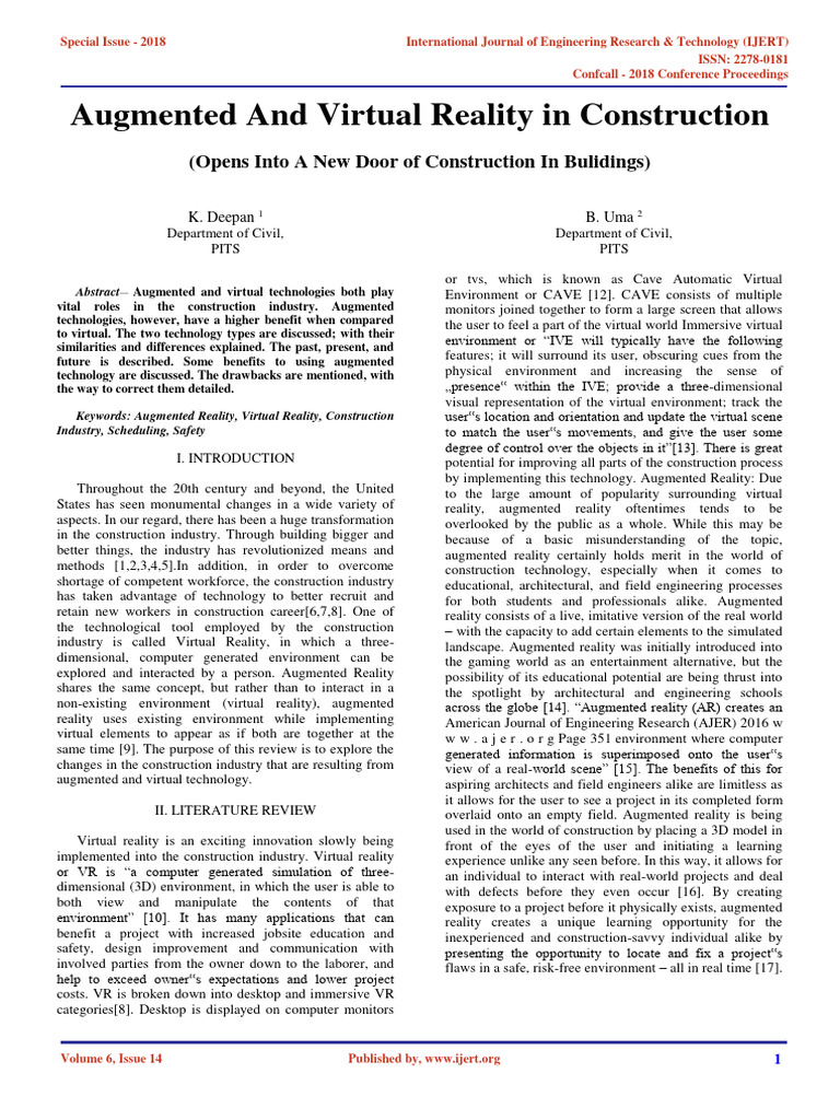 Augmented and Virtual Reality in Construction IJERTCONV6IS14047 | PDF ...