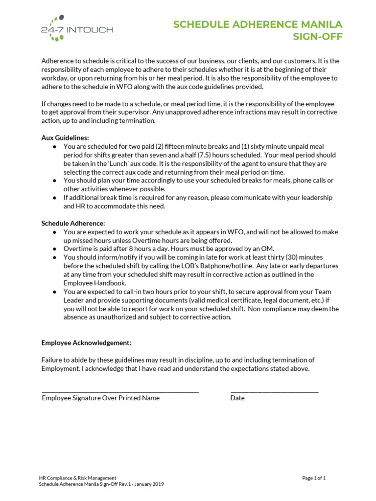 Schedule Adherence (FT EEs) - Sign-Off MNL | Download Free PDF ...