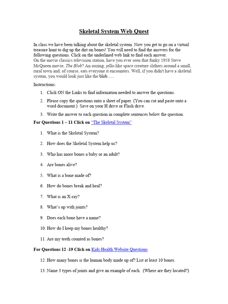 Skeletal System Web Quest Guide | PDF | Skeleton | Bone