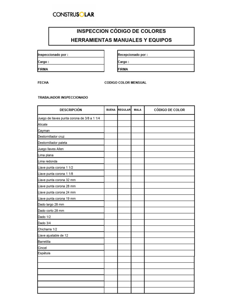Inspeccion Codigo de Color Herramientas Manuales y Equipos | PDF | Metalurgia | Herramientas