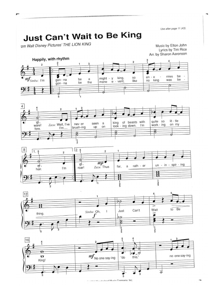 Just Cant Wait to be King (Lion King) | PDF