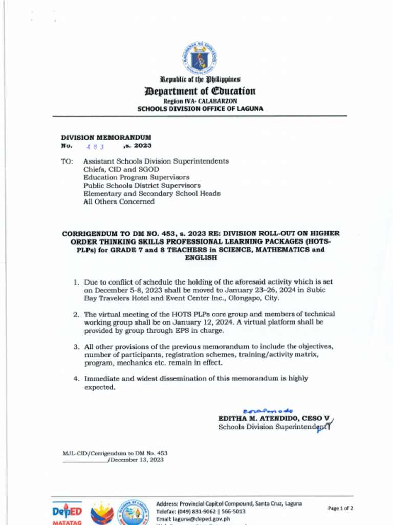 DM483s2023 CORRIGENDUM TO DM453s2023 DIVISION ROLL OUT ON HIGHER ORDER ...