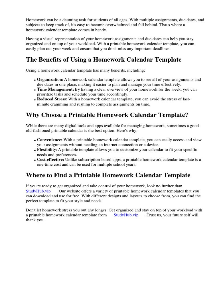 Homework Calendar Template Printable | Download Free PDF | Homework ...