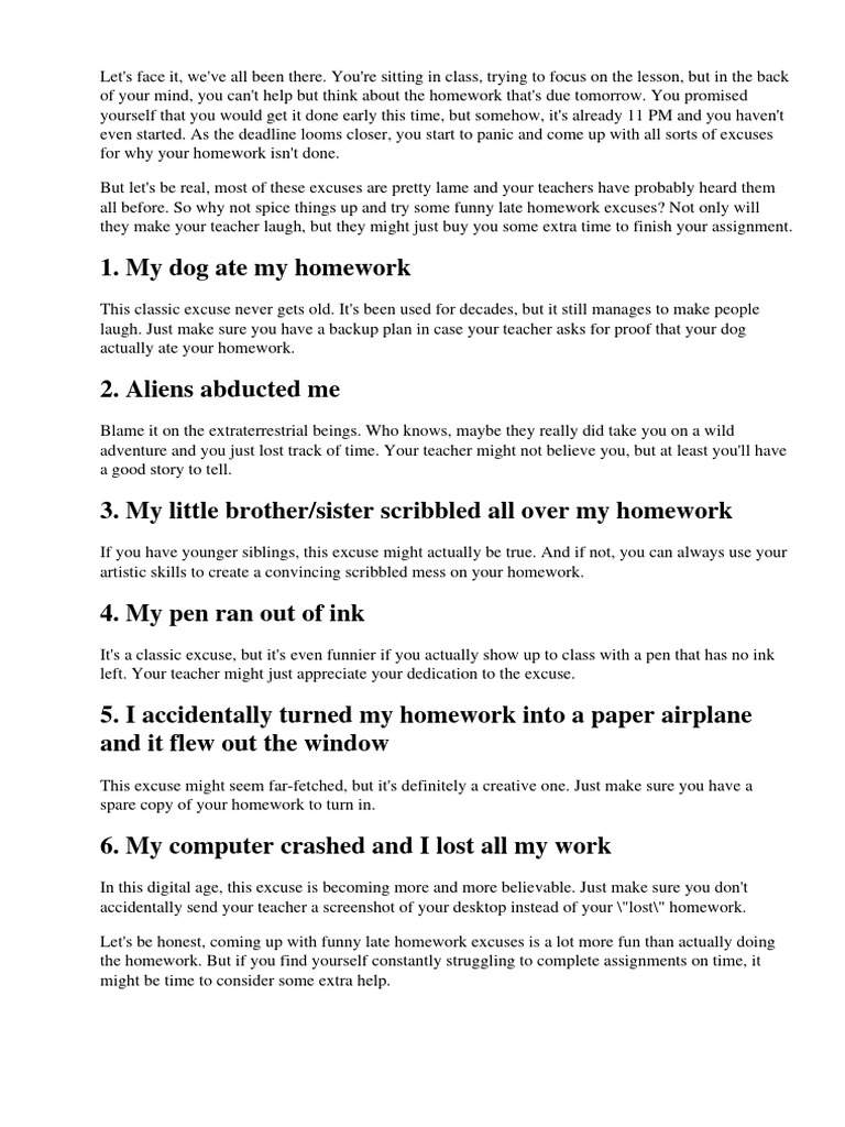 Funny Late Homework Excuses | PDF | Homework