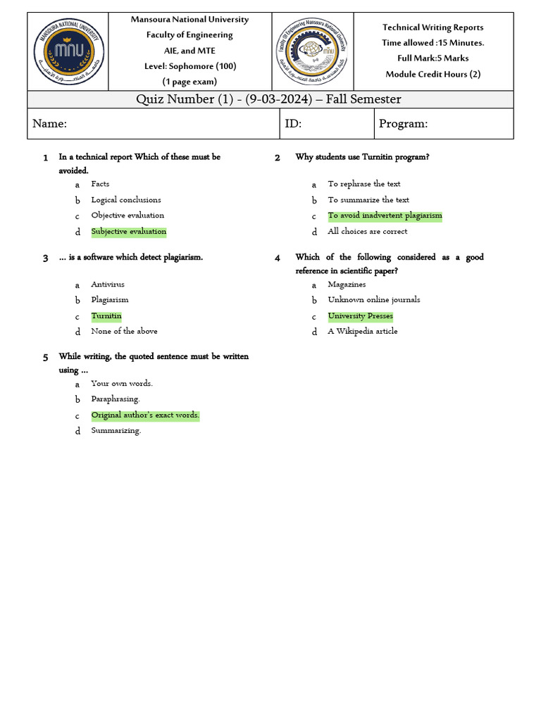 Quiz1 Model 2 + Answer | PDF