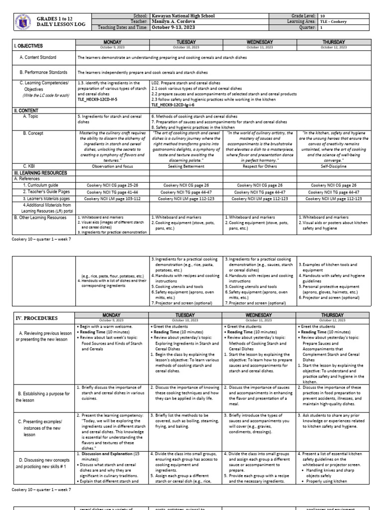 G10-DLL-TLE-week 7 | PDF | Cooking | Food And Drink Preparation