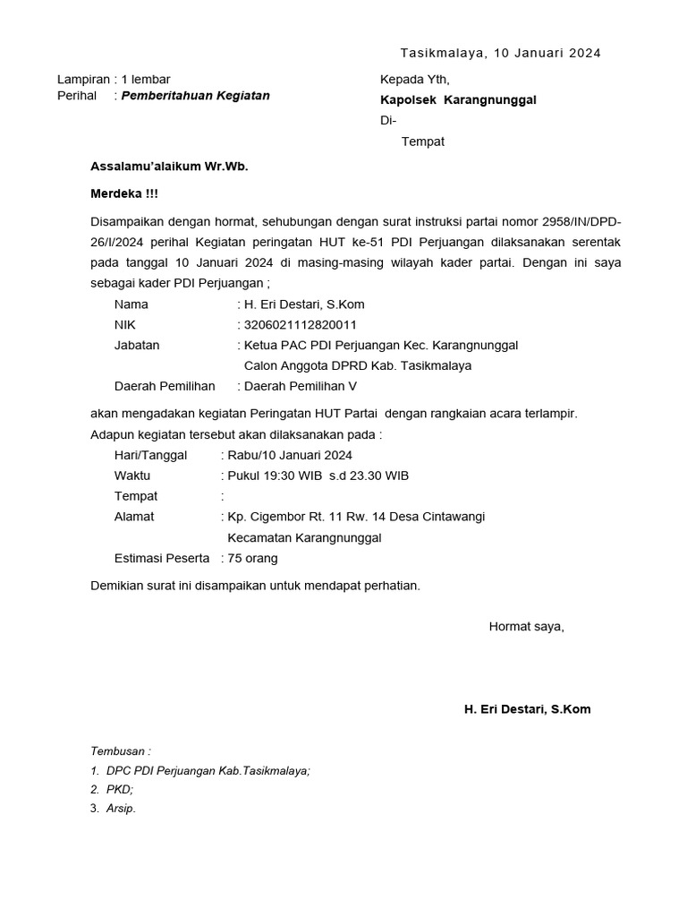 Surat Pemberitahuan Kegiatan Hut Partai | PDF