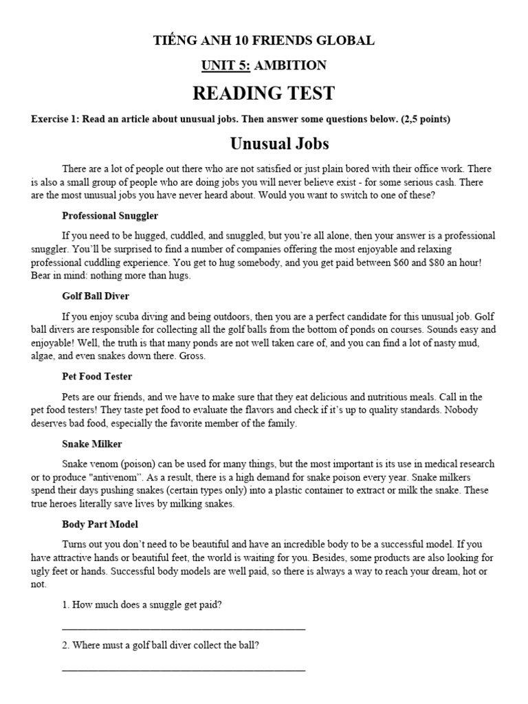 Friends Global 10- Unit 5- Reading test | PDF | Snake