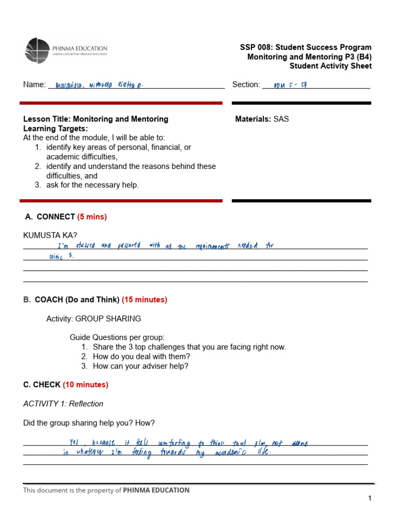 Student Success Program Activity Sheet | PDF | Mentorship | Learning