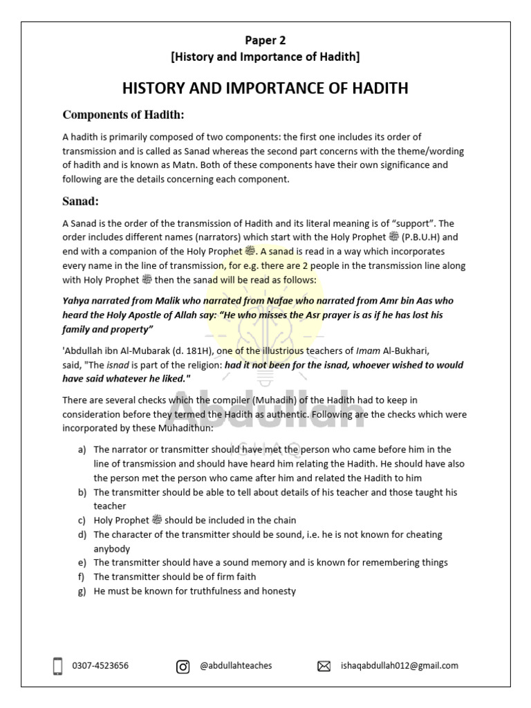 History and Importance of Hadith | PDF | Hadith | Muhammad