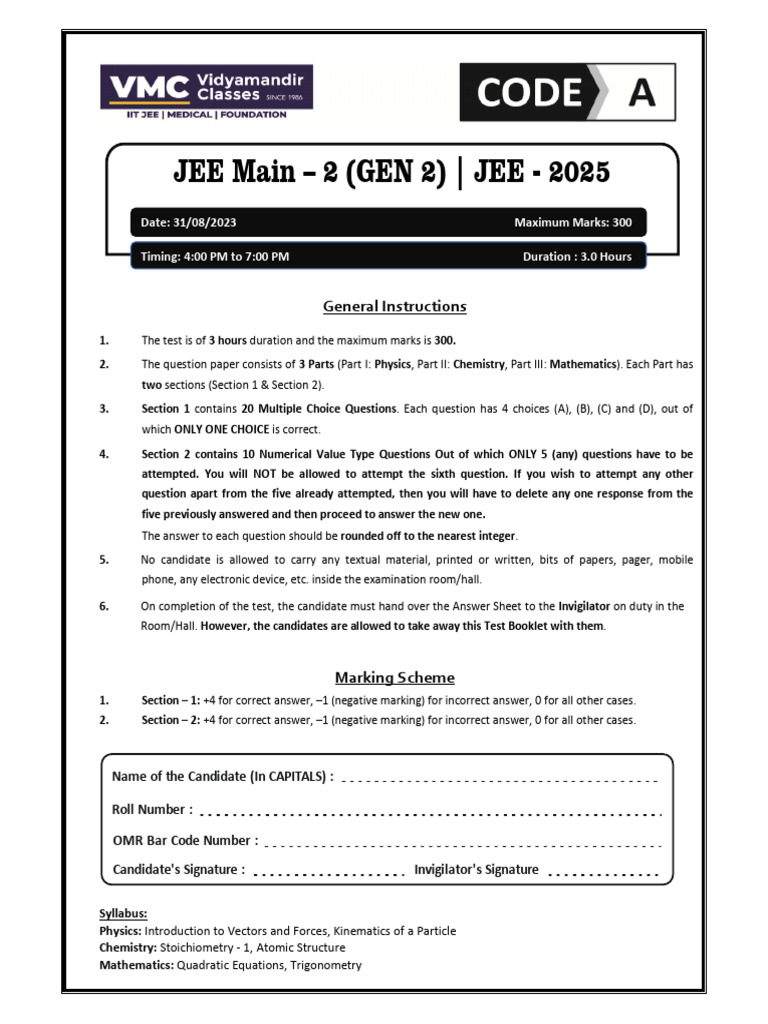JEE Main 2025 Session 2 Question Paper | PDF | Velocity | Energy Level