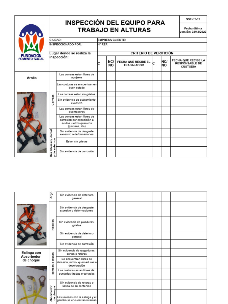 SST-FT-19 Inspección Equipo Trabajo en Alturas | PDF