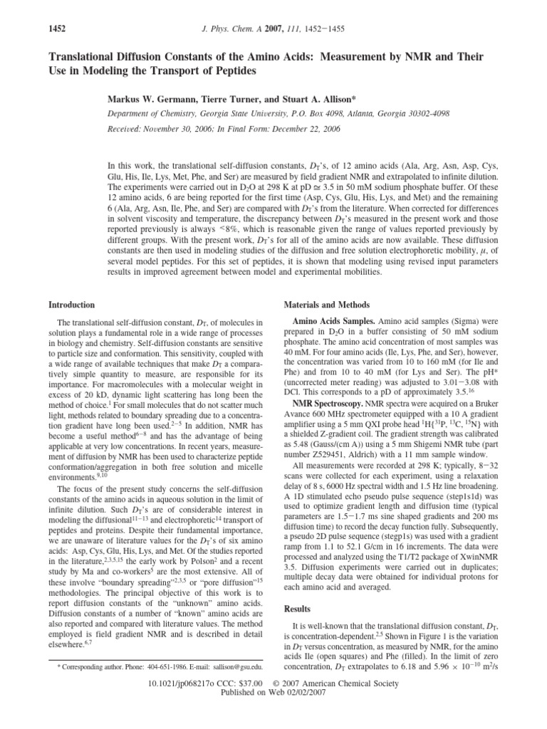 Translational Diffusion Constants of the Amino Acids Measurement by NMR ... Translational Diffusion Constants of the Amino Acids Measurement by NMR ...