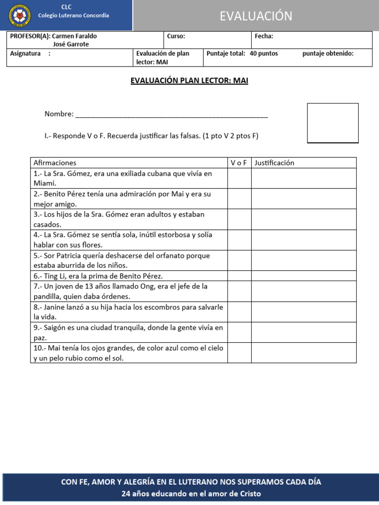 Evaluación Plan Lector Mai | PDF