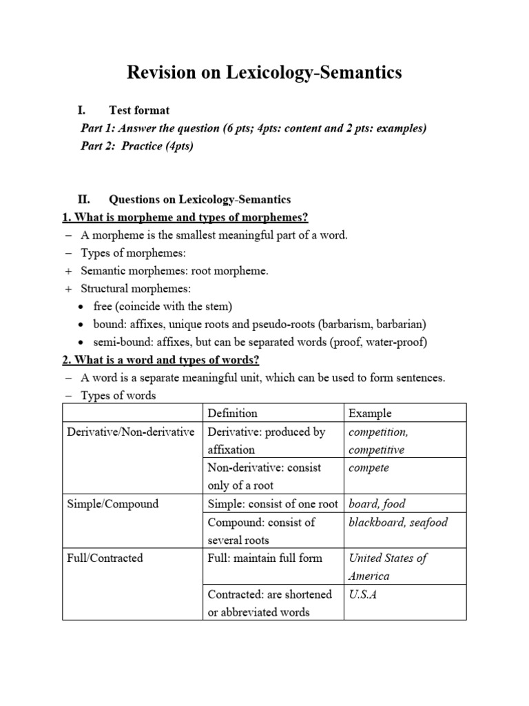 Lexicology-Semantics Revision Guide | PDF | Word | Noun