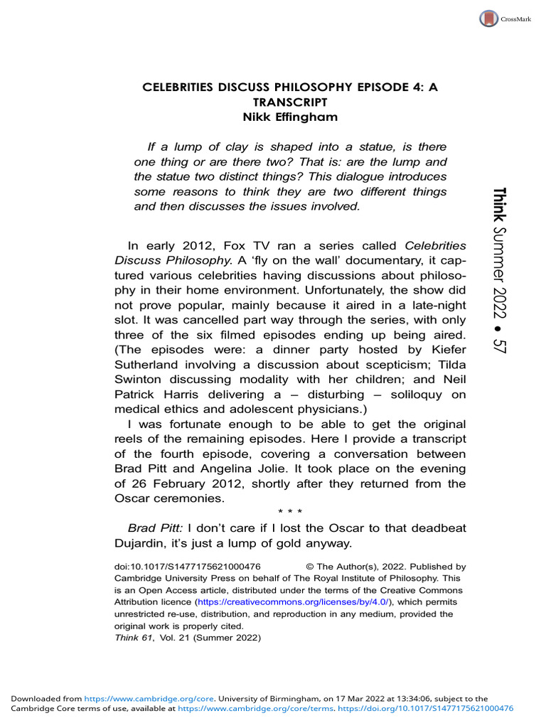 Celebrities Discuss Metaphysics: Oscar vs. Lump | PDF | Argument | Physics