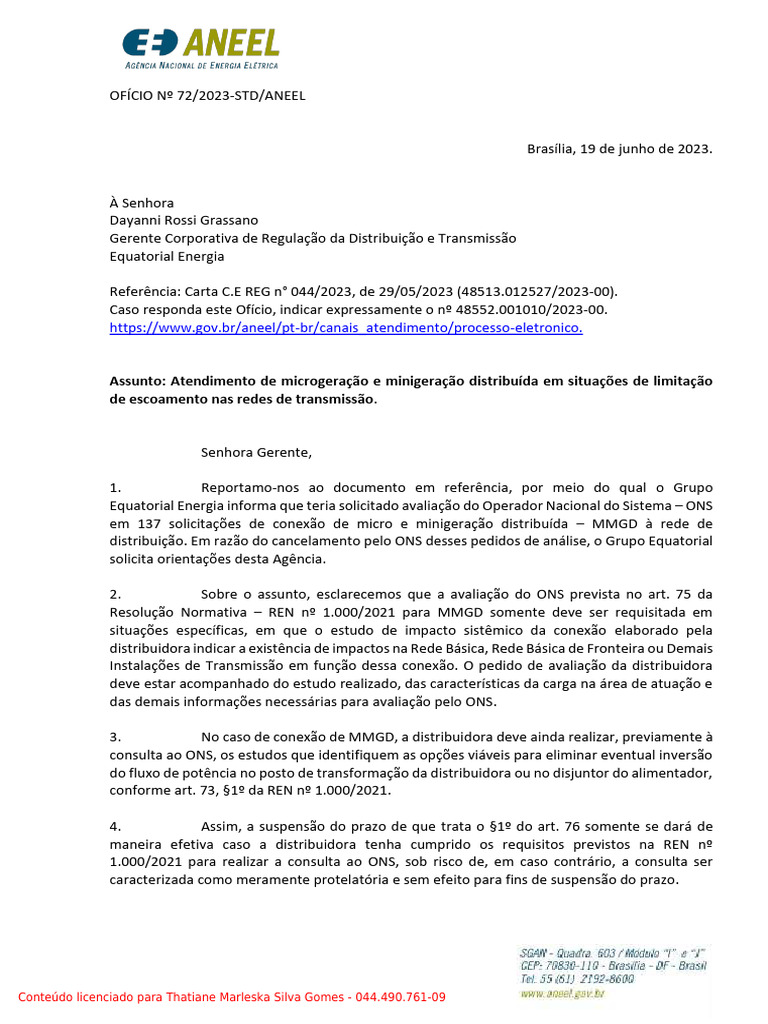Ofcio - n72 2023 STD ANEEL | PDF | Transmissão de energia elétrica