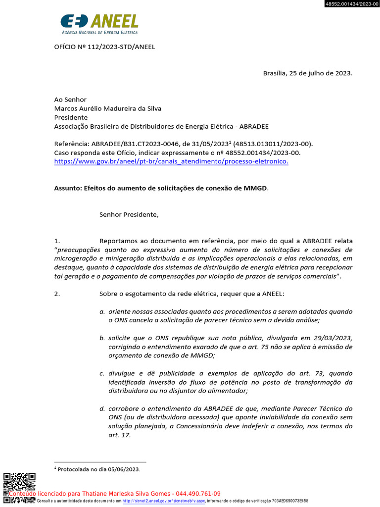 Ofcio - n112 2023 STD ANEEL | PDF | Quantidades físicas | Engenharia Elétrica