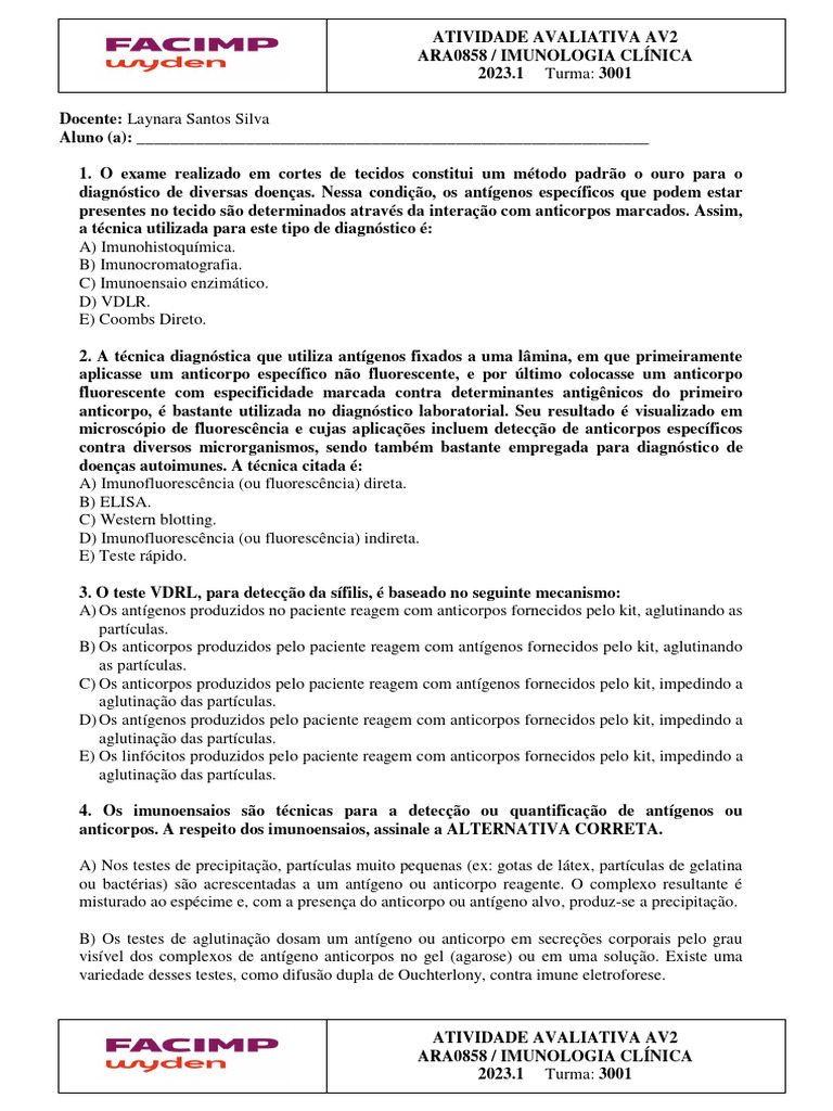 Atividade Avaliativa - Av2 - Turma 3001 | PDF | Elisa | Anticorpo