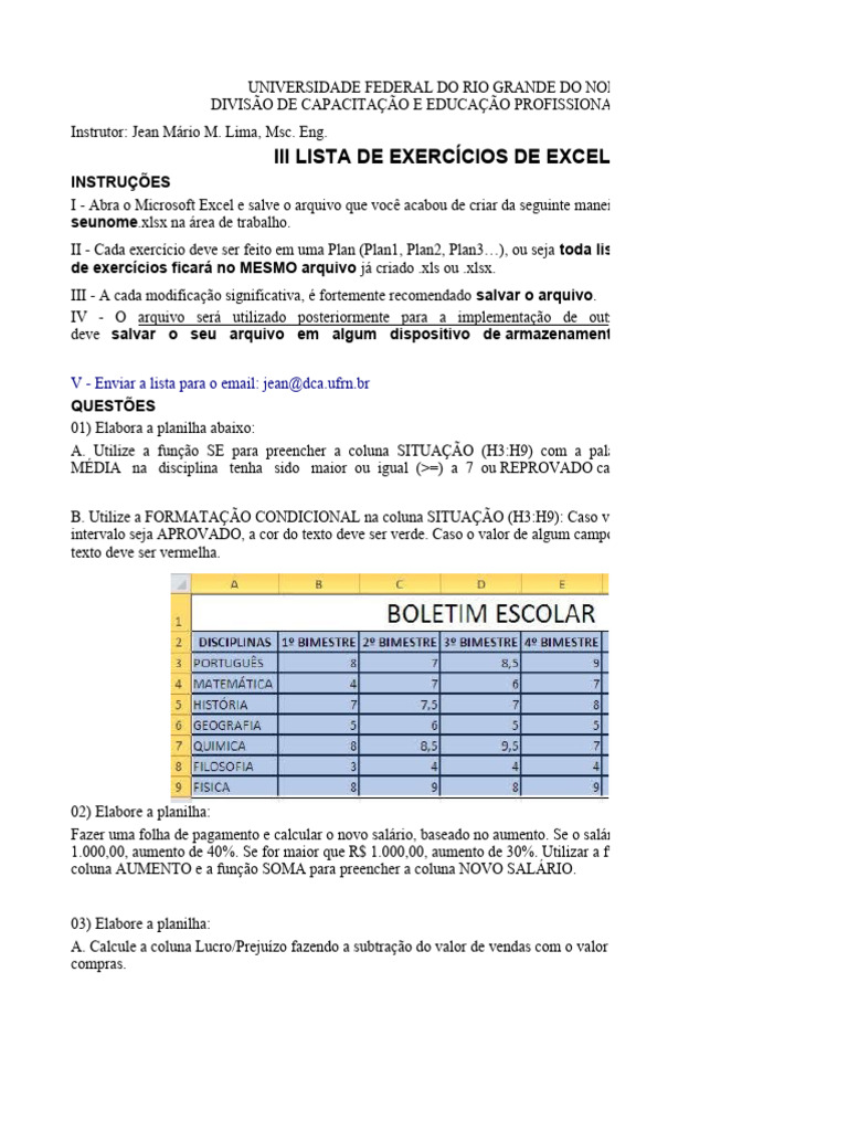 Lista03 Excel | PDF | Microsoft Excel | Informática