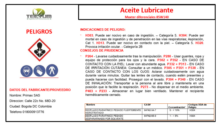 Ficha de Seguridad Aceite Lubricante | PDF