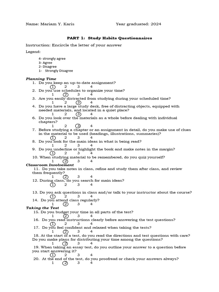 Study Habits Questionnaires | PDF