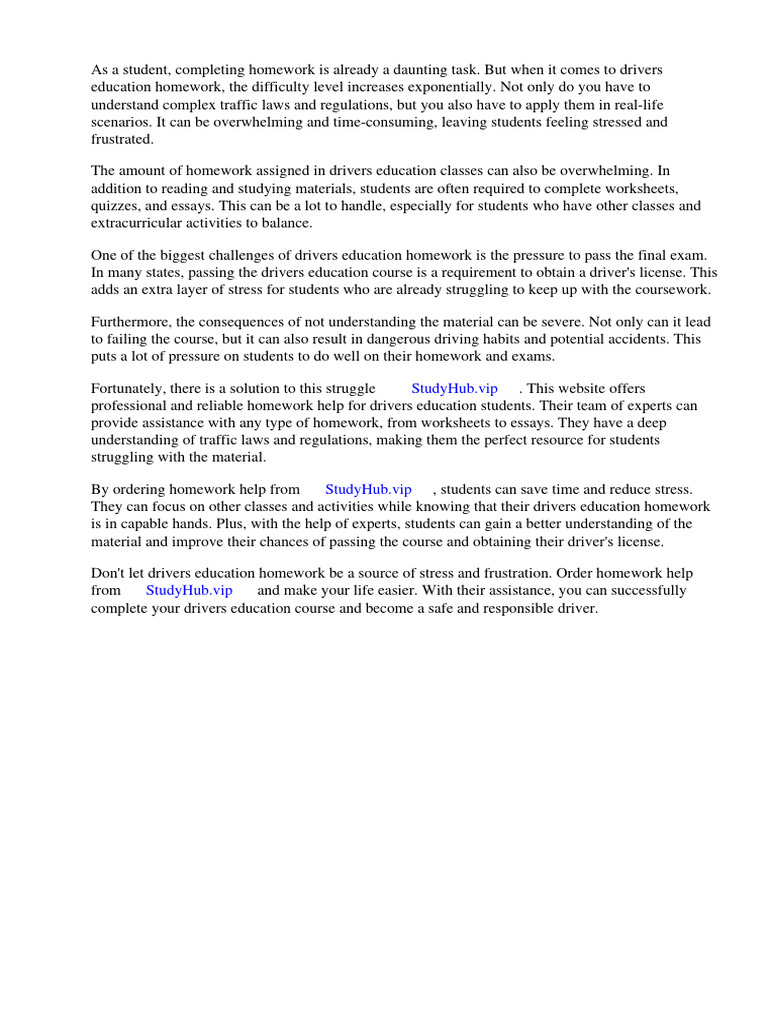 Drivers Education Homework | PDF | Homework | Driving