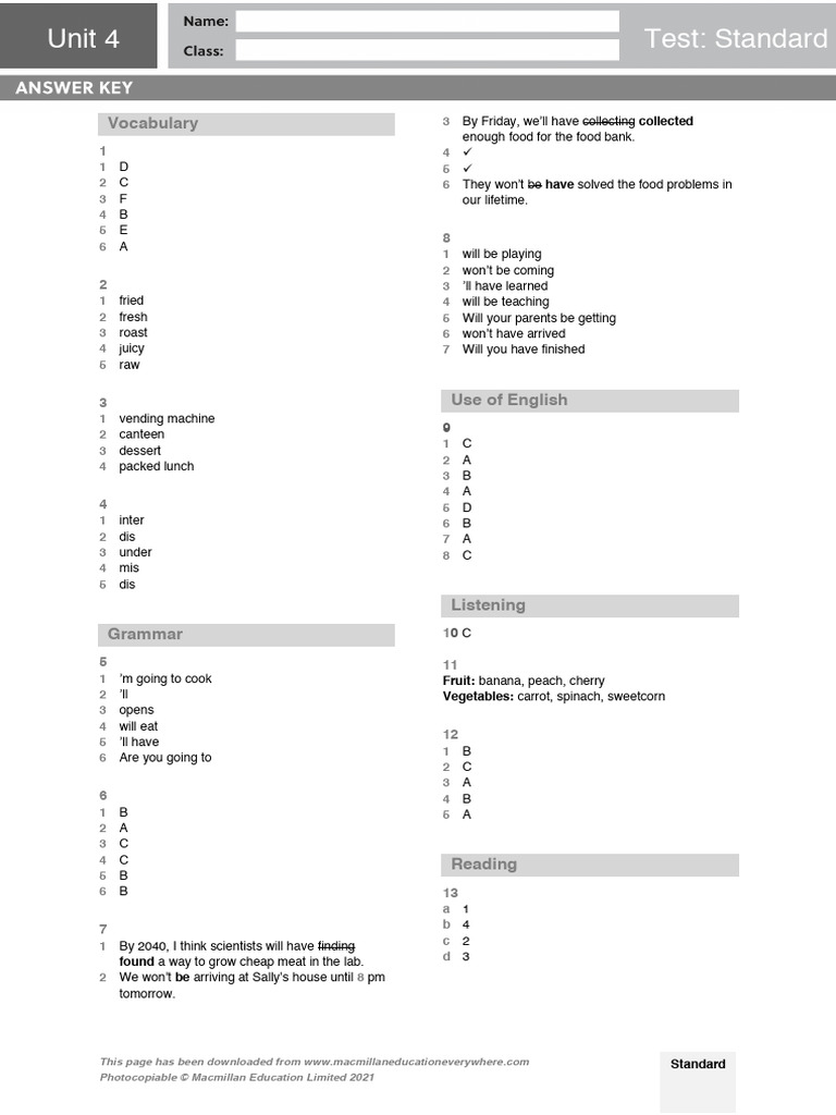 B1PLUS_U4_Test_Standard_answer_key | PDF | Veganism | Foods