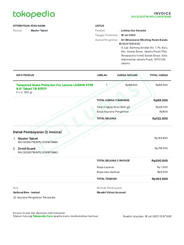 Invoice - Tokopedia - Case Dan Tempered Glass Lenovo Y 700 - Ari W | PDF