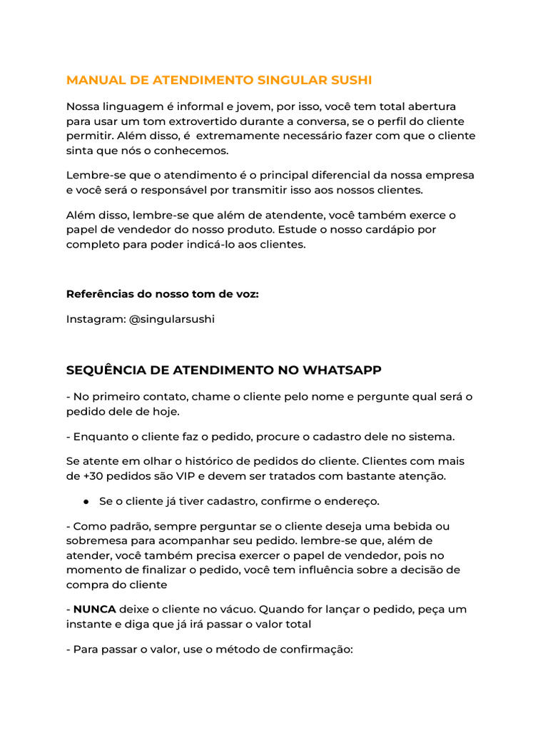 Manual de Atendimento Singular Sushi | PDF | Comentários