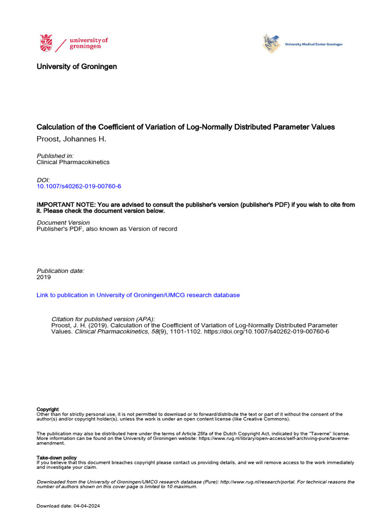 CV For Log Normally Distributed Parameters Values - Proost2019 | PDF ... CV For Log Normally Distributed Parameters Values - Proost2019 | PDF ...