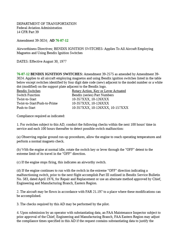 Aircraft Bendix Switch Directive | PDF | Federal Aviation ...