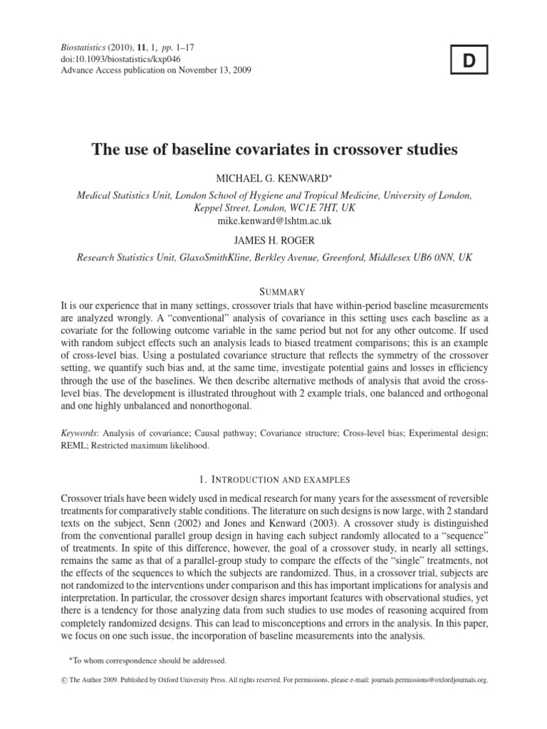 Use of Baseline Covariates in Cross Over Studies - Kenward2009 | PDF ...