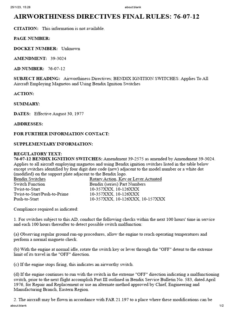 Airworthiness Directives Final Rules: 76-07-12 | PDF | Switch | Transport Safety