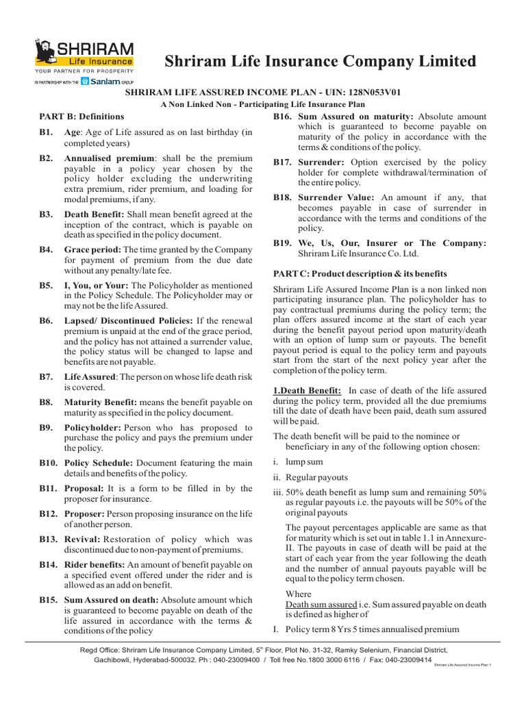 Shriram Life Assured Income Plan Overview | PDF | Insurance | Life ...