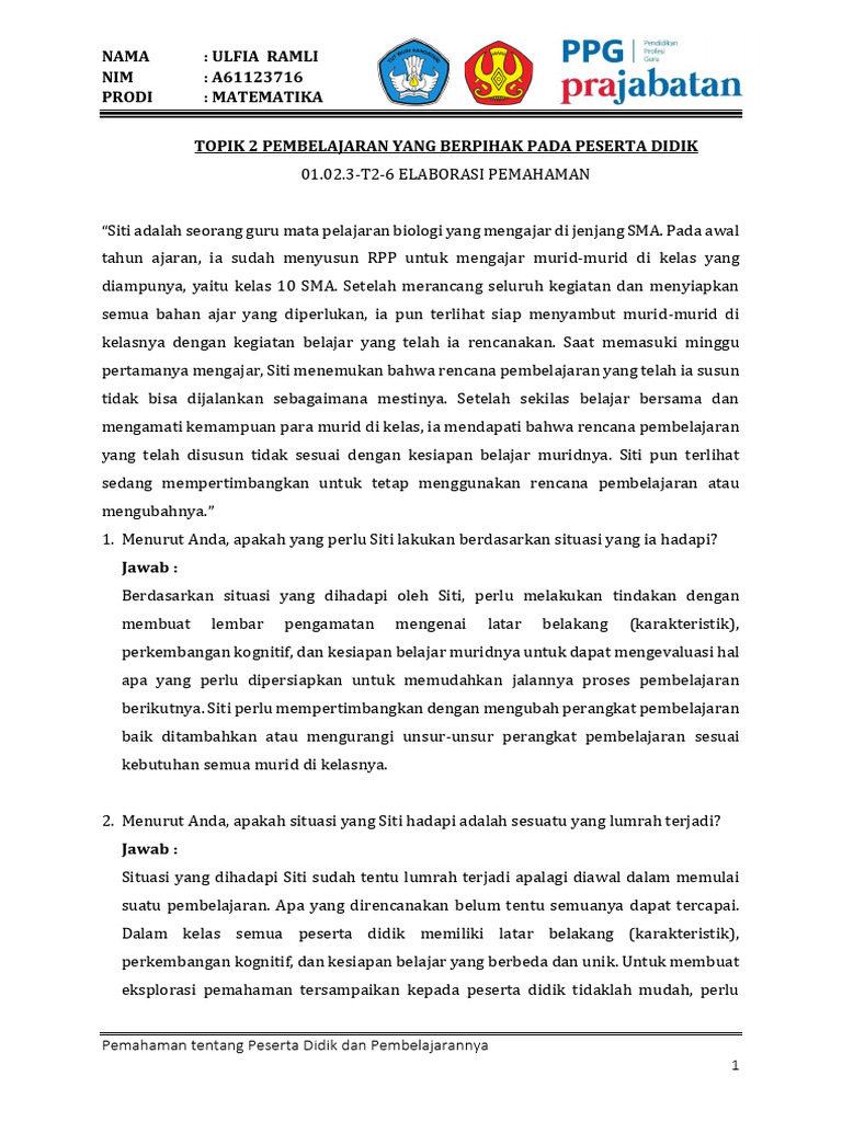 PPDP 01.02.3-T2-6 Elaborasi Pemahaman ULFIA RAMLI-A61123716 | PDF | Sains & Matematika