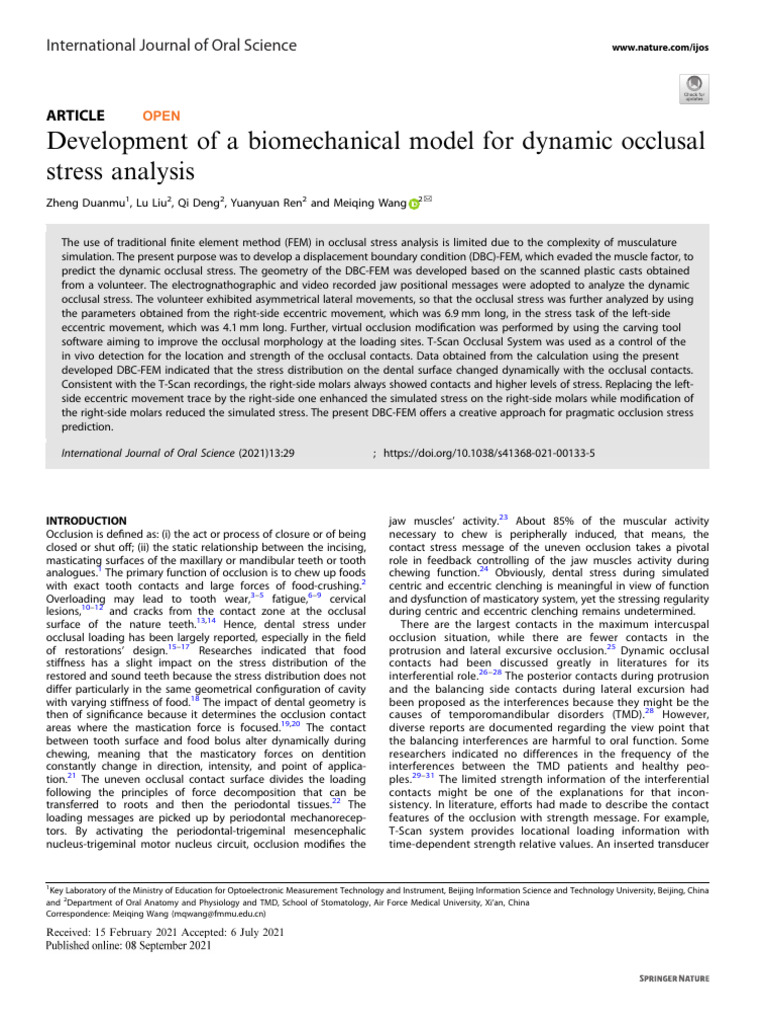 Development of A Biomechanical Model For Dynamic Occlusal 2021 | PDF ...